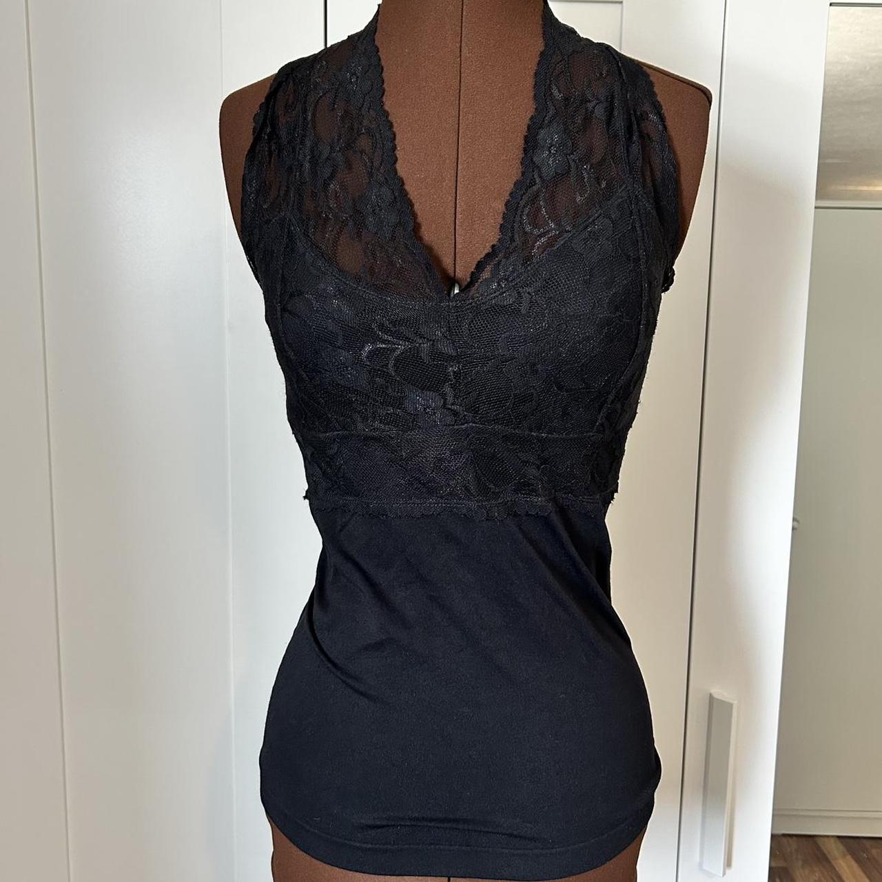 Black nylon halter top with lace neck detail and... | Depop