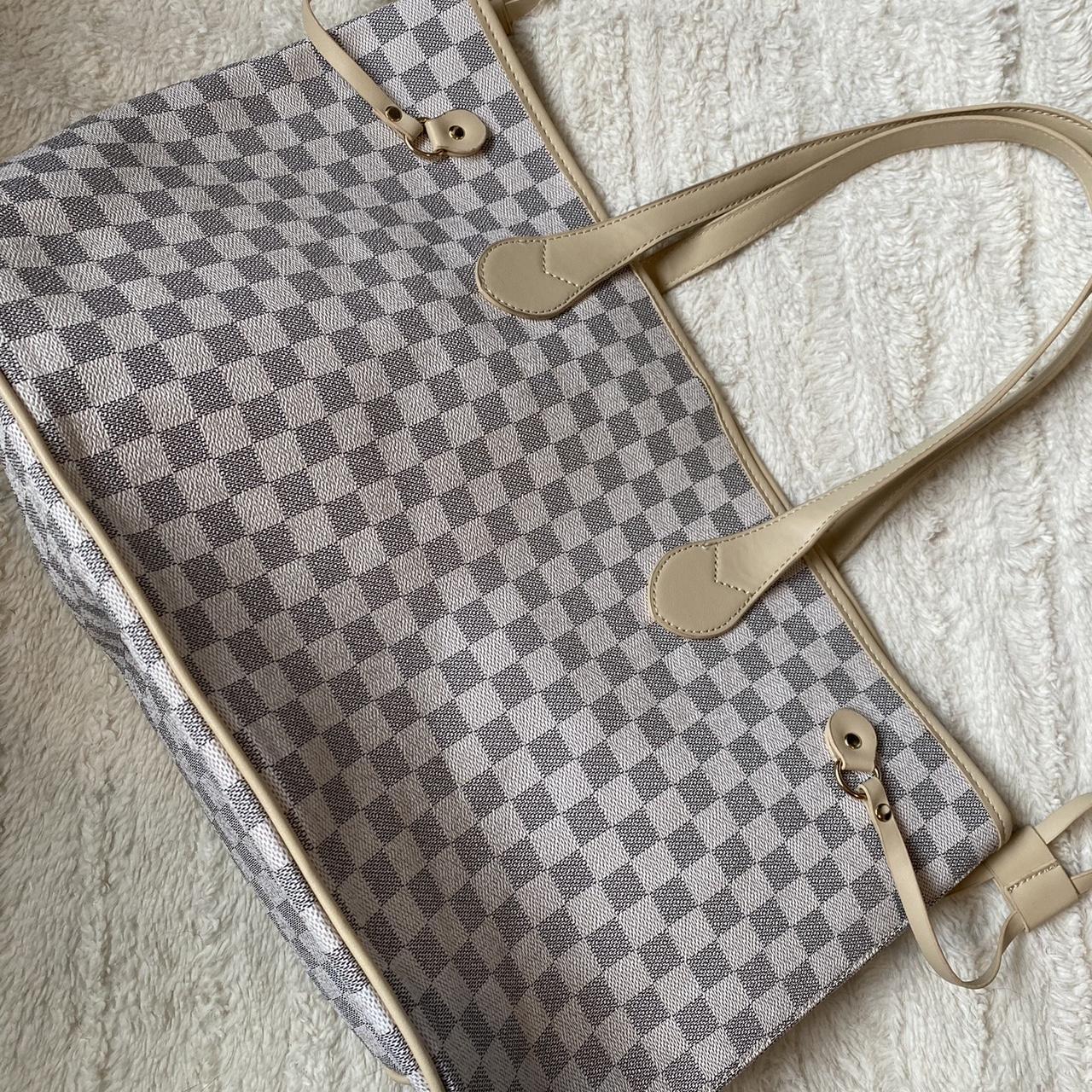 White and Grey Check Bag with Cream Straps and... - Depop