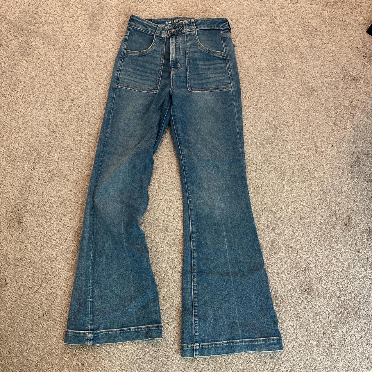 High-waisted American Eagle flare jeans with a 90s... | Depop