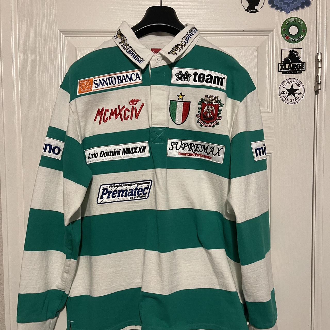 SUPREME RUGBY white and green long sleeve worn once... - Depop