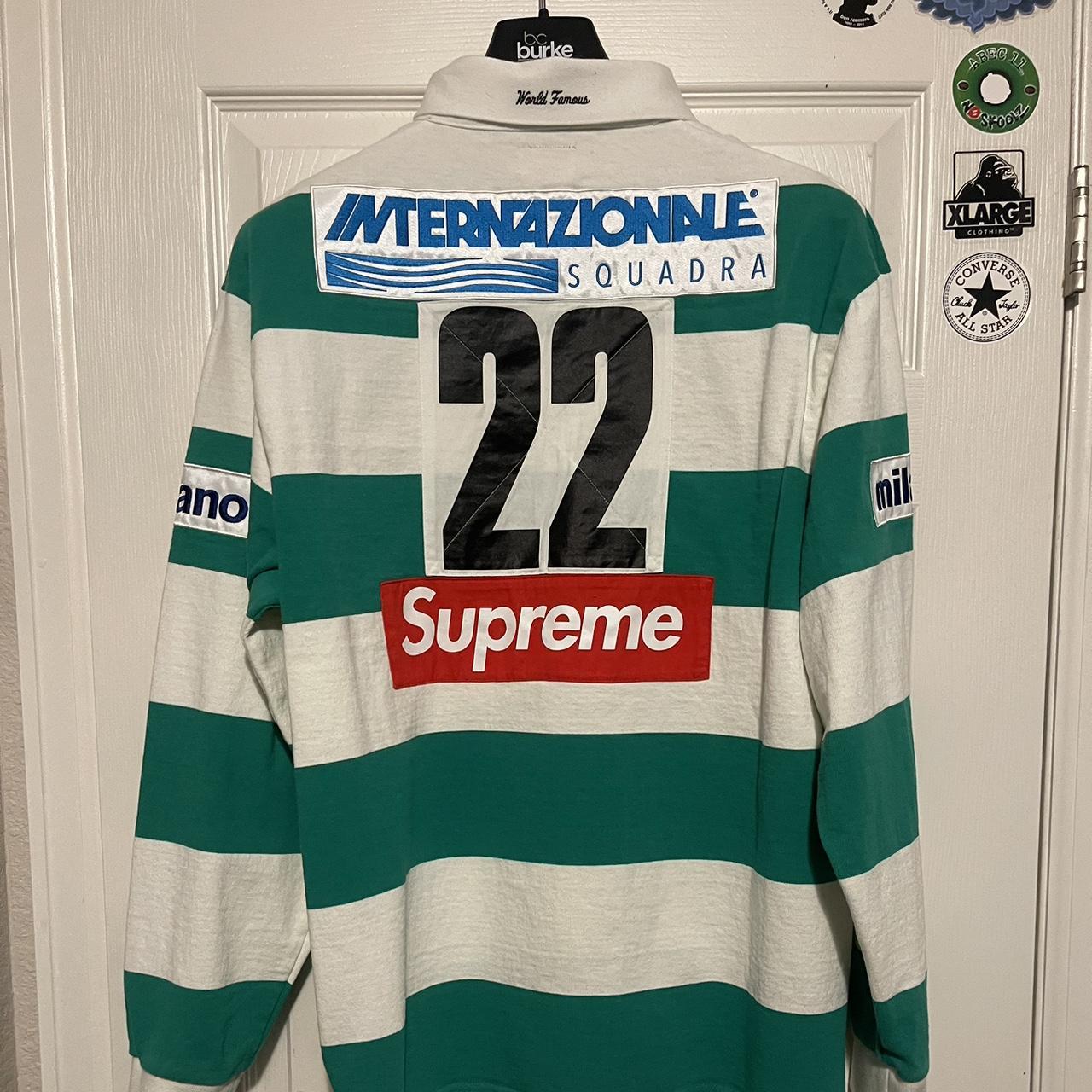 SUPREME RUGBY white and green long sleeve worn once... - Depop