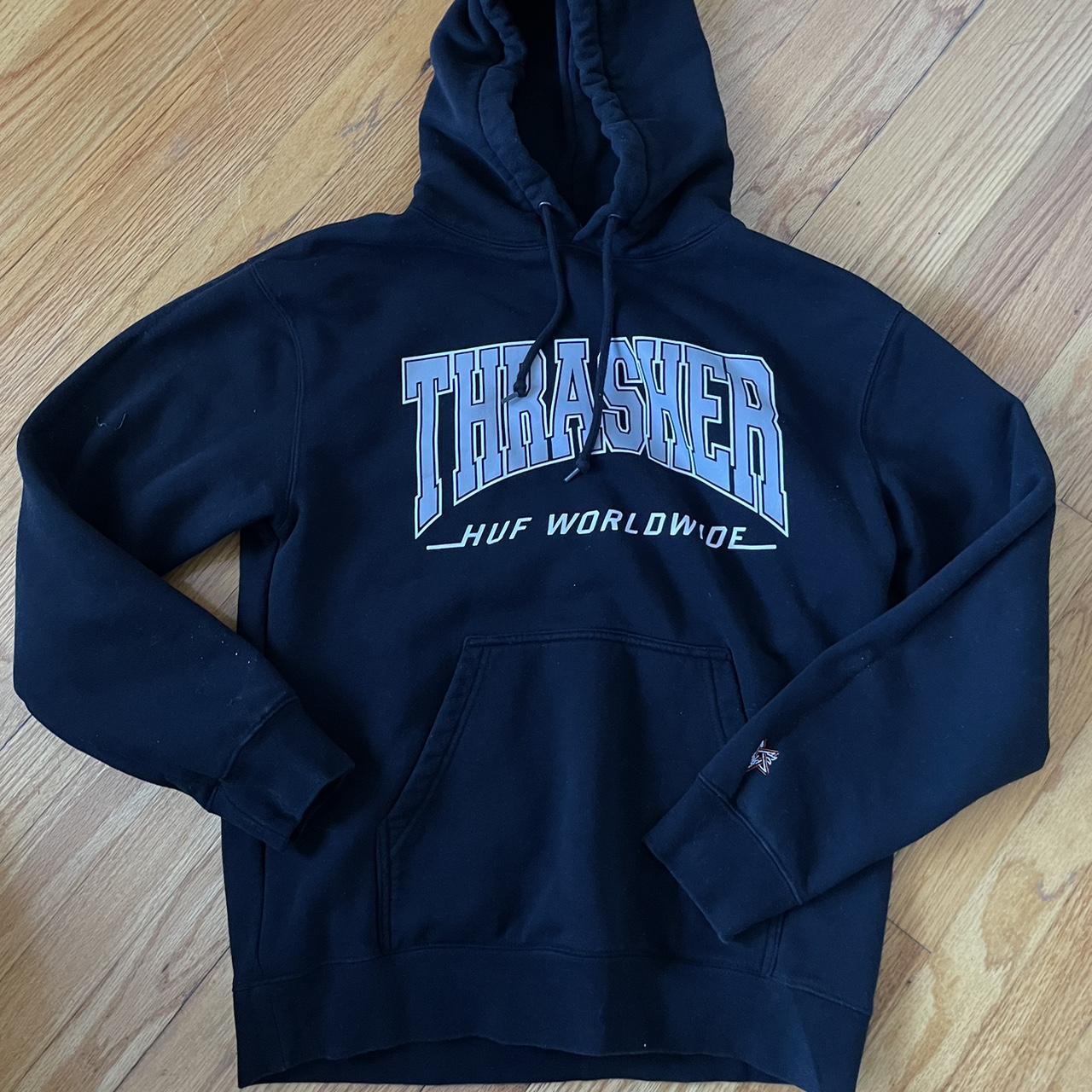 worn once HUF x Thrasher collab black hoodie with... - Depop