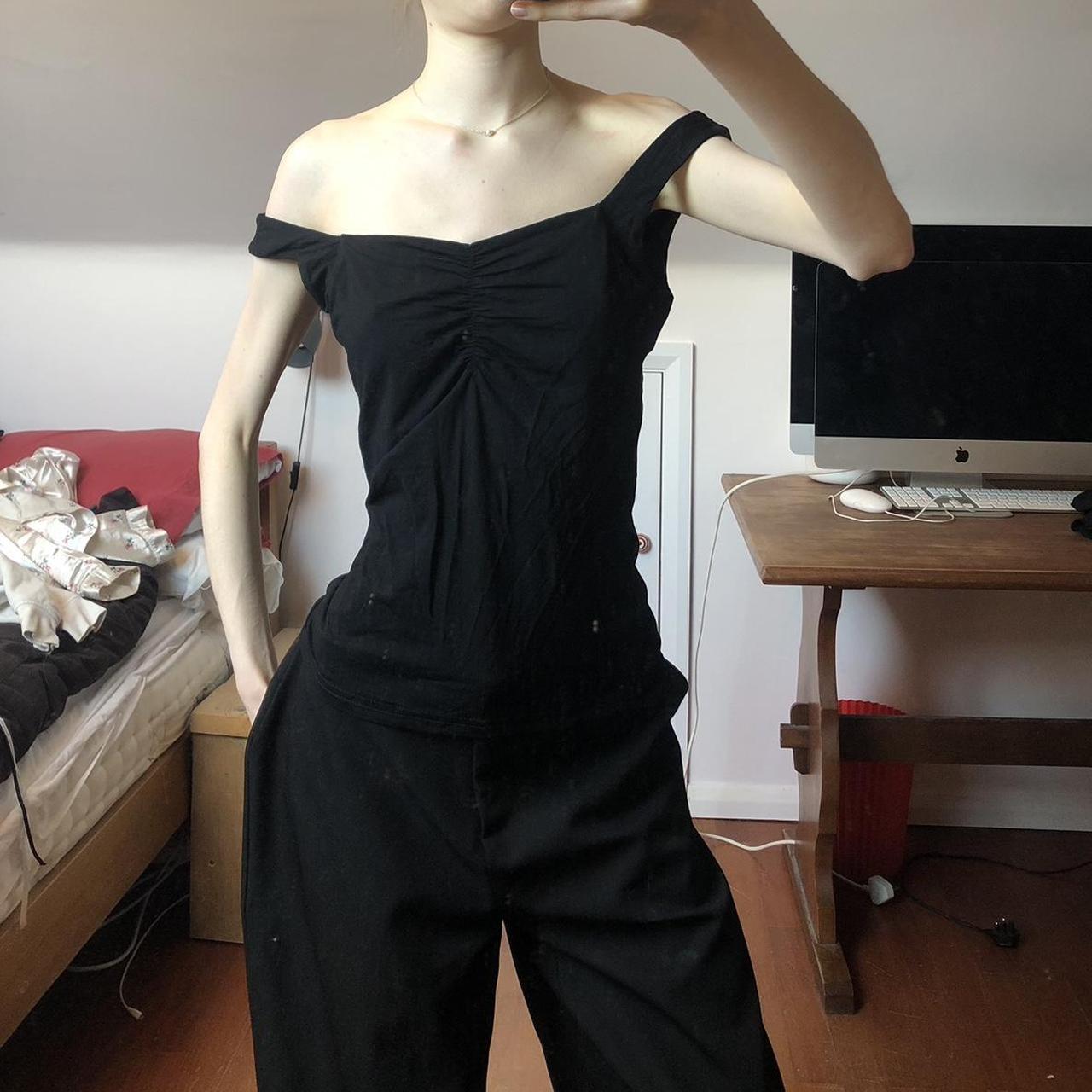 Black ruched off shoulder tank top/vest with built... | Depop