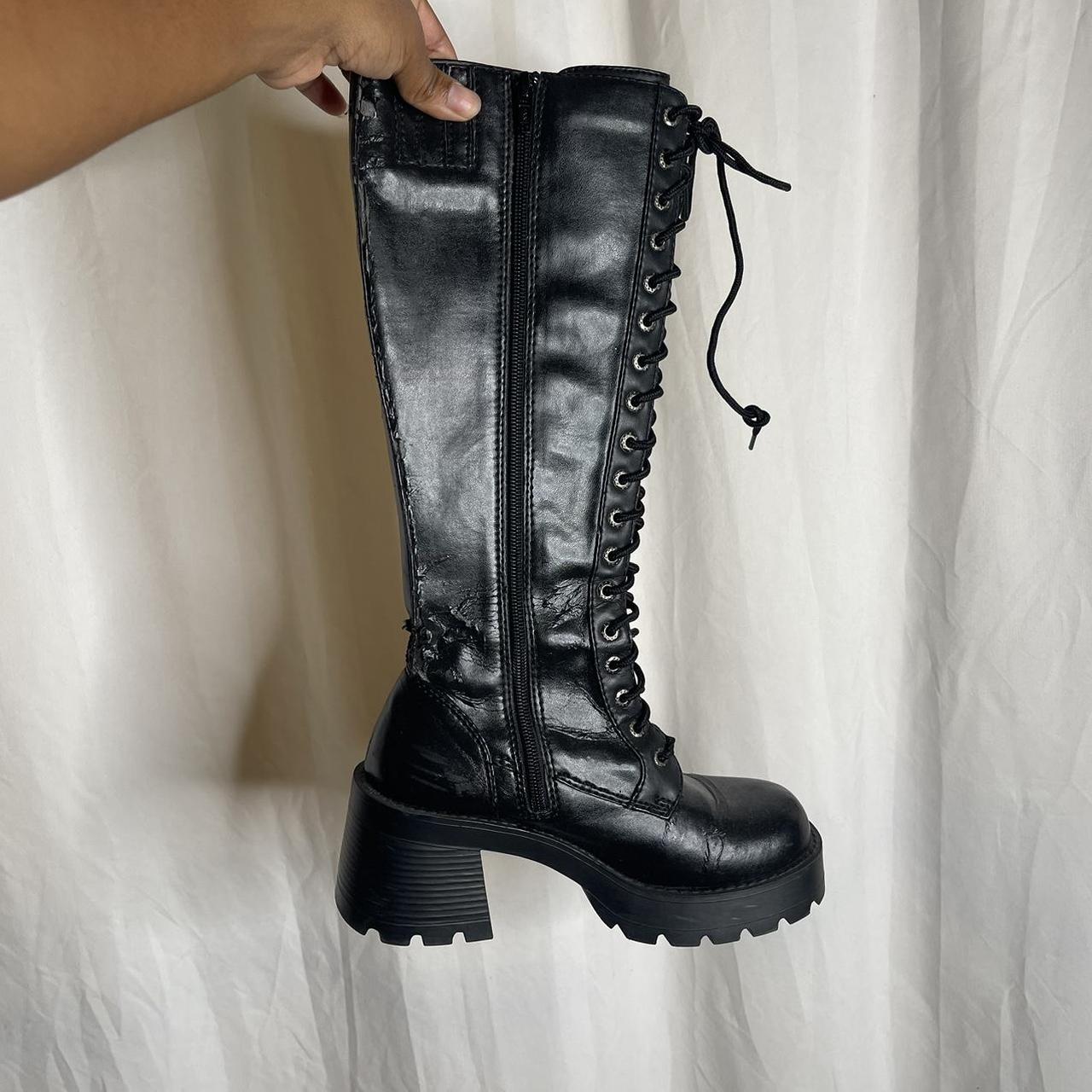 90s Bongo Lace up Black knee-high boots Size... | Depop