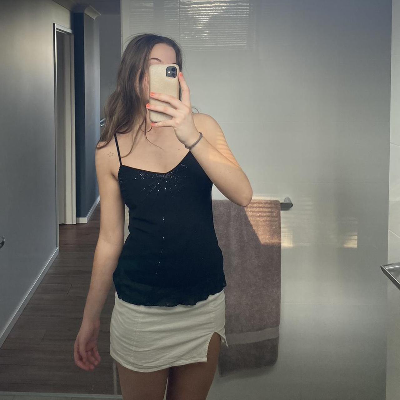 Stunning Y2K Target black mesh beaded flowy cami... - Depop