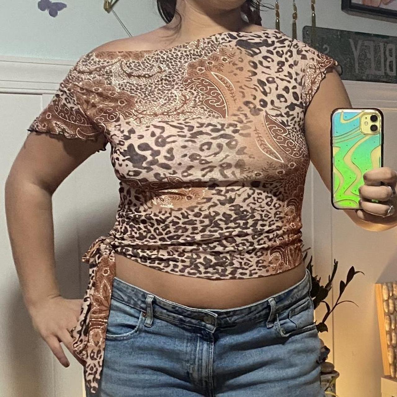 y2k mesh animal print earth tone top. Has a slight... - Depop