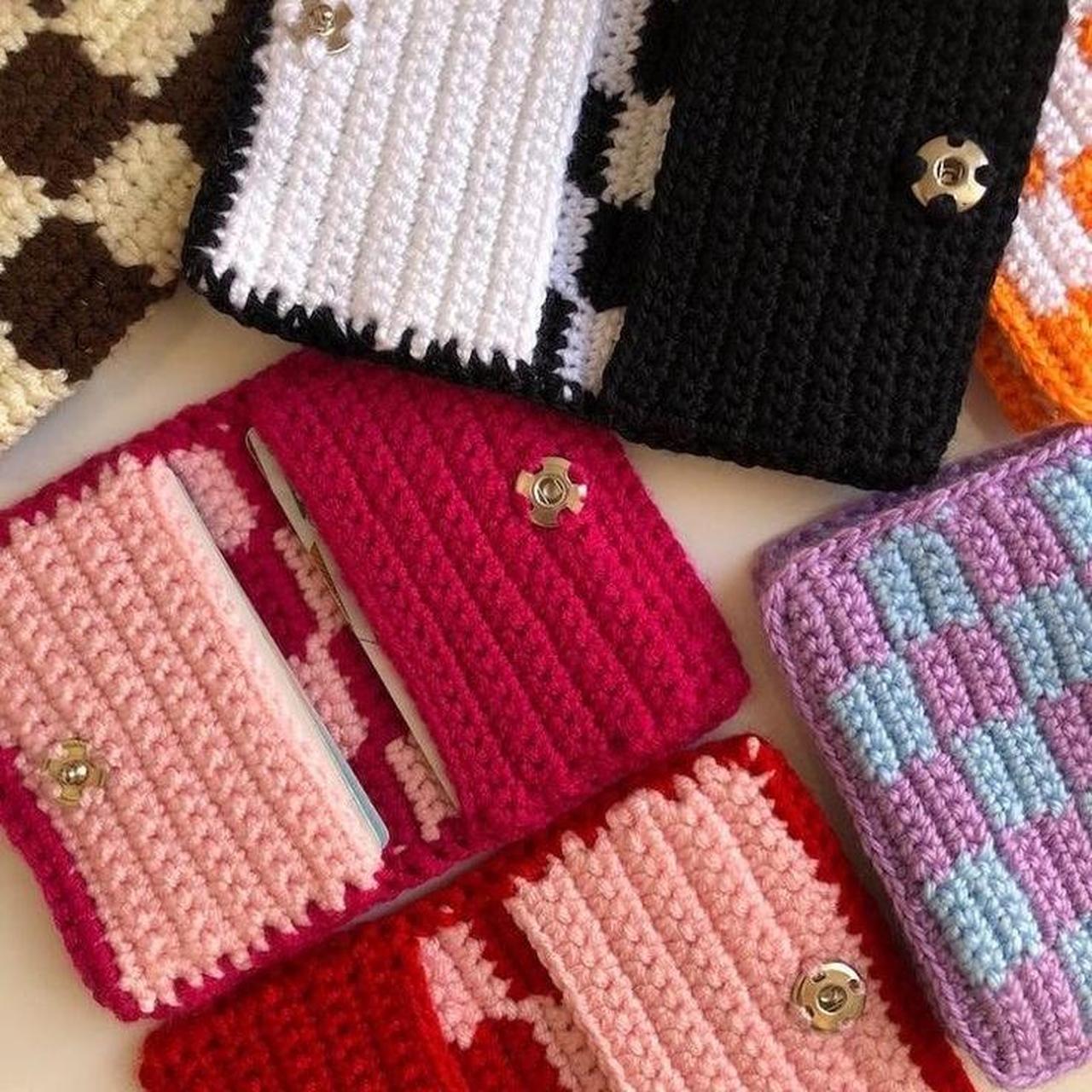 Crochet multi-coloured wallet, made with acrylic... - Depop