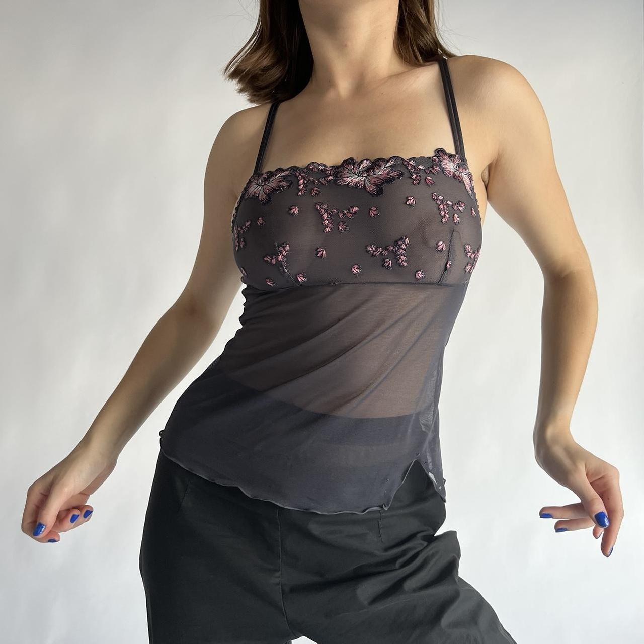 Vintage preloved dark grey sheer cami top with pink... - Depop