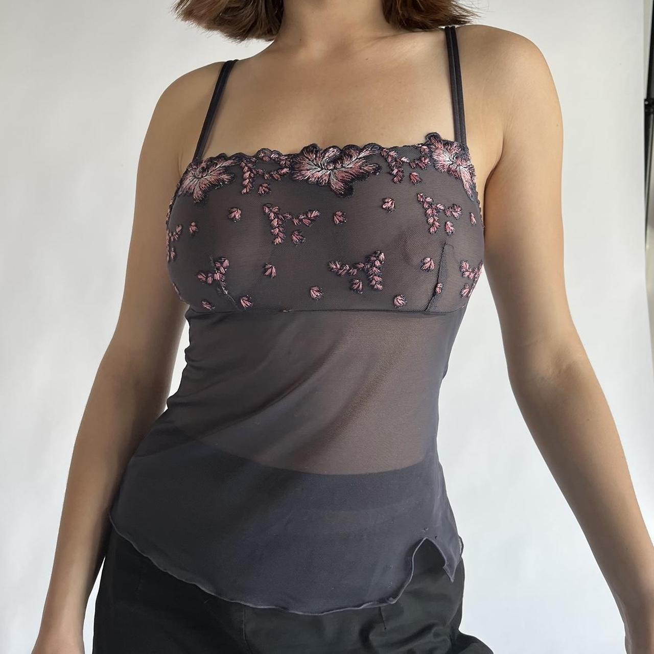 Vintage preloved dark grey sheer cami top with pink... - Depop