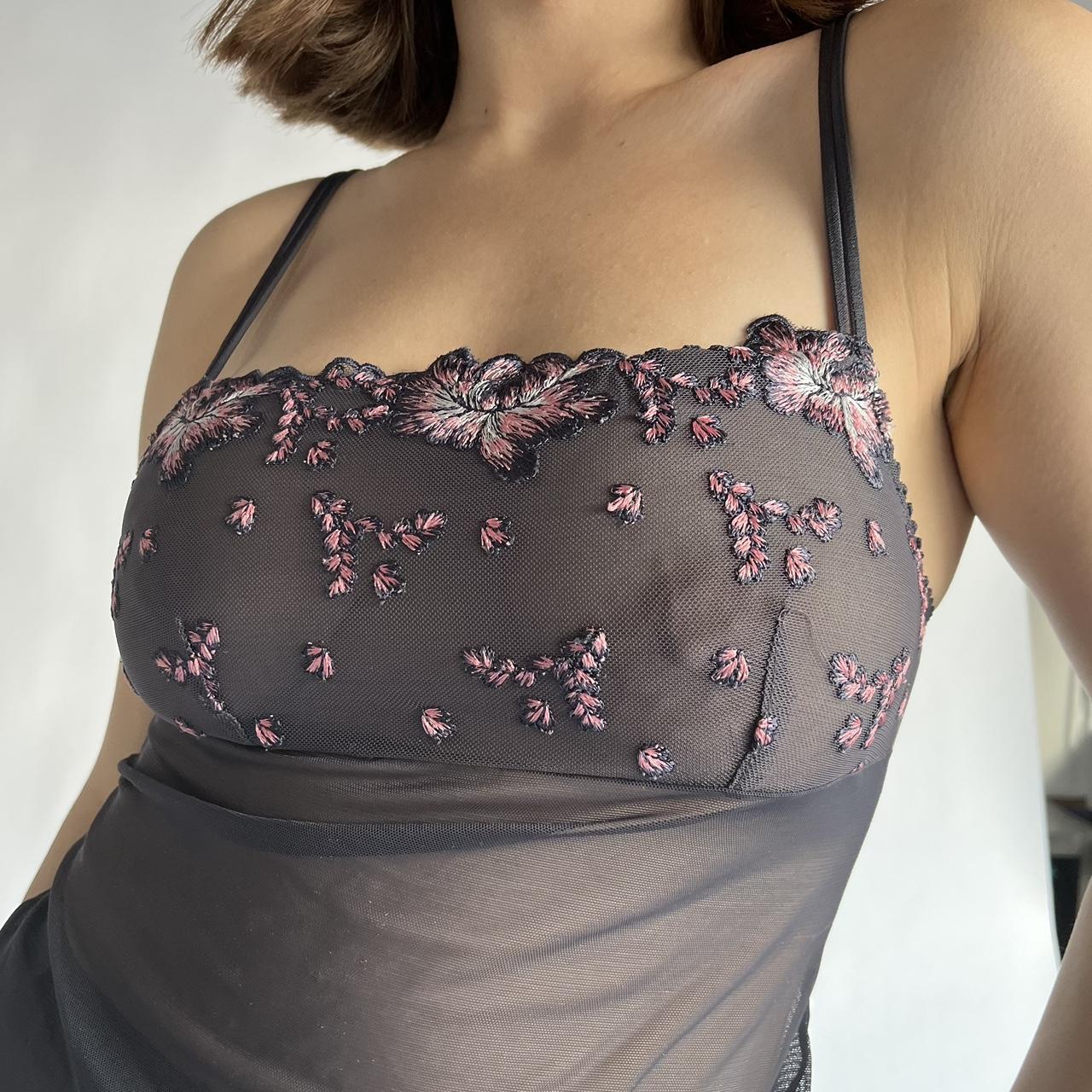 Vintage preloved dark grey sheer cami top with pink... - Depop