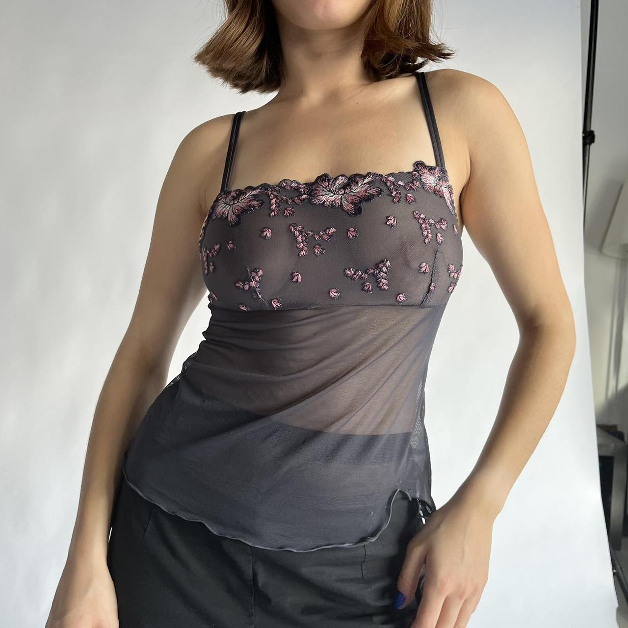 Vintage preloved dark grey sheer cami top with pink... - Depop