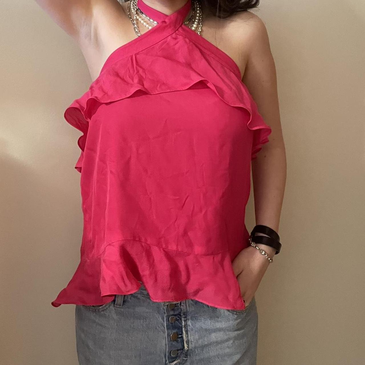 Parker hot pink halter neck ruffle top - Depop