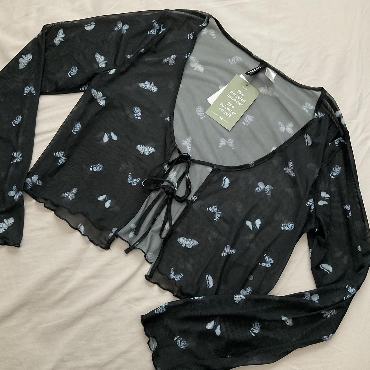 black and blue butterfly print mesh cardigan from... - Depop
