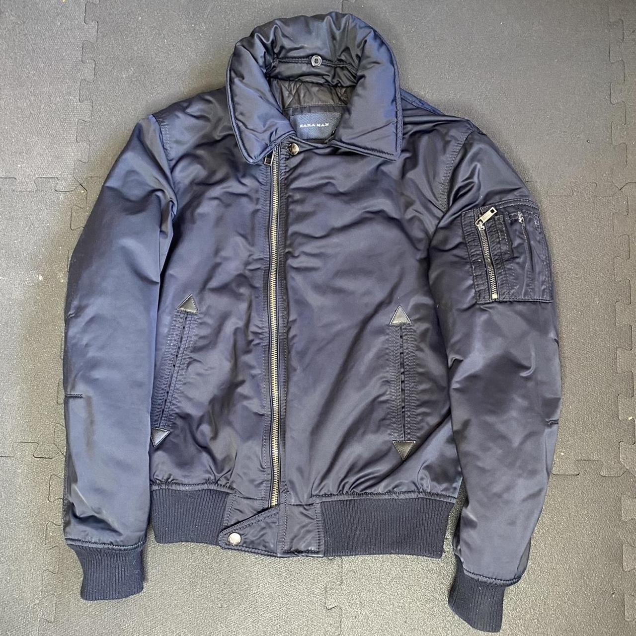 Zara Asymmetrical Bomber Jacket Navy blue with zip... - Depop