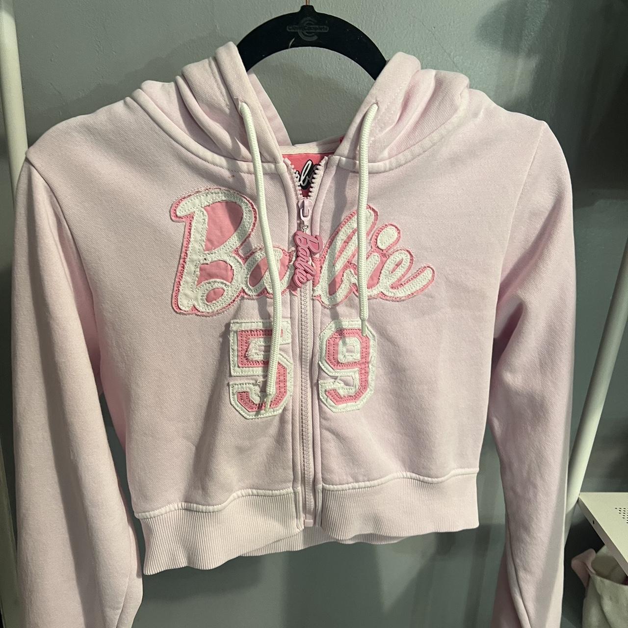 Barbie pink and white zip up hoodie #y2k Size medium... - Depop