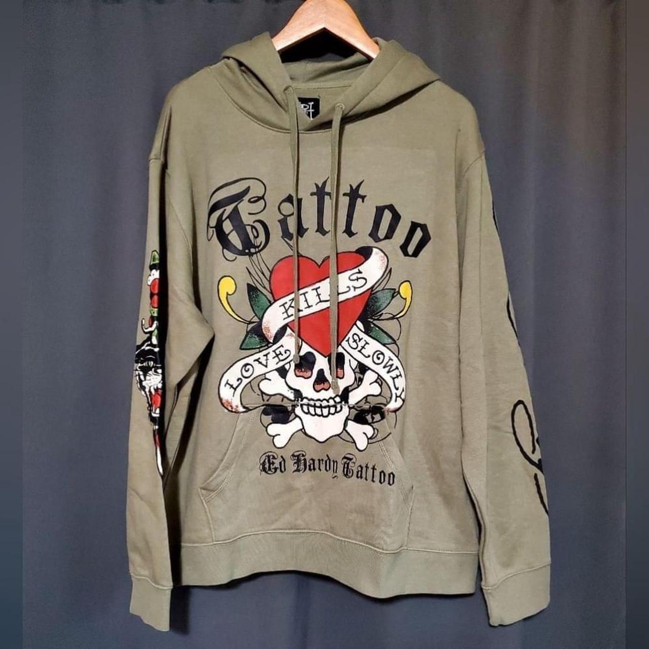Ed Hardy Green Graphic Skull Tattoo Hoodie Size XL... - Depop