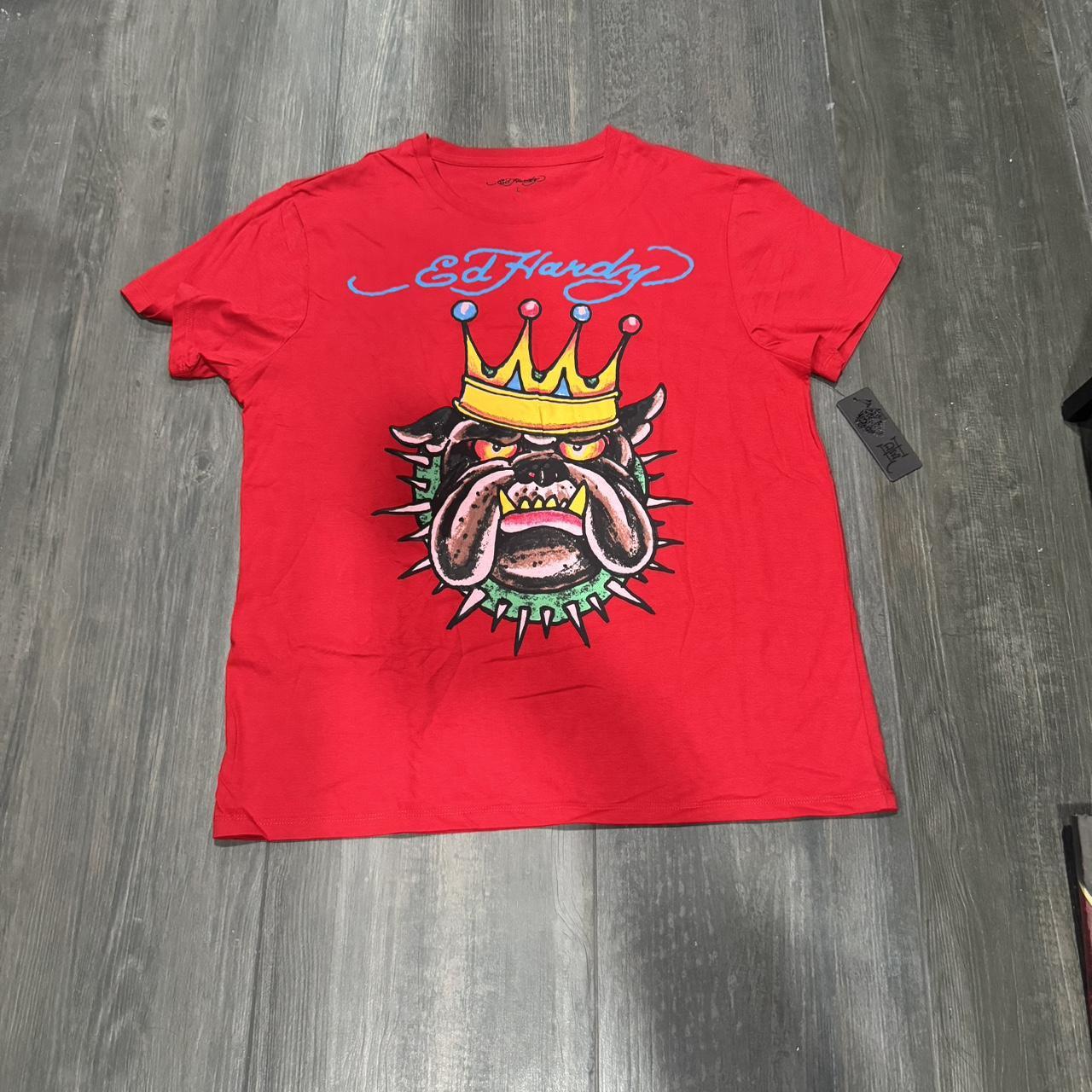 Ed Hardy red tshirt with a cool design - size men’s... - Depop