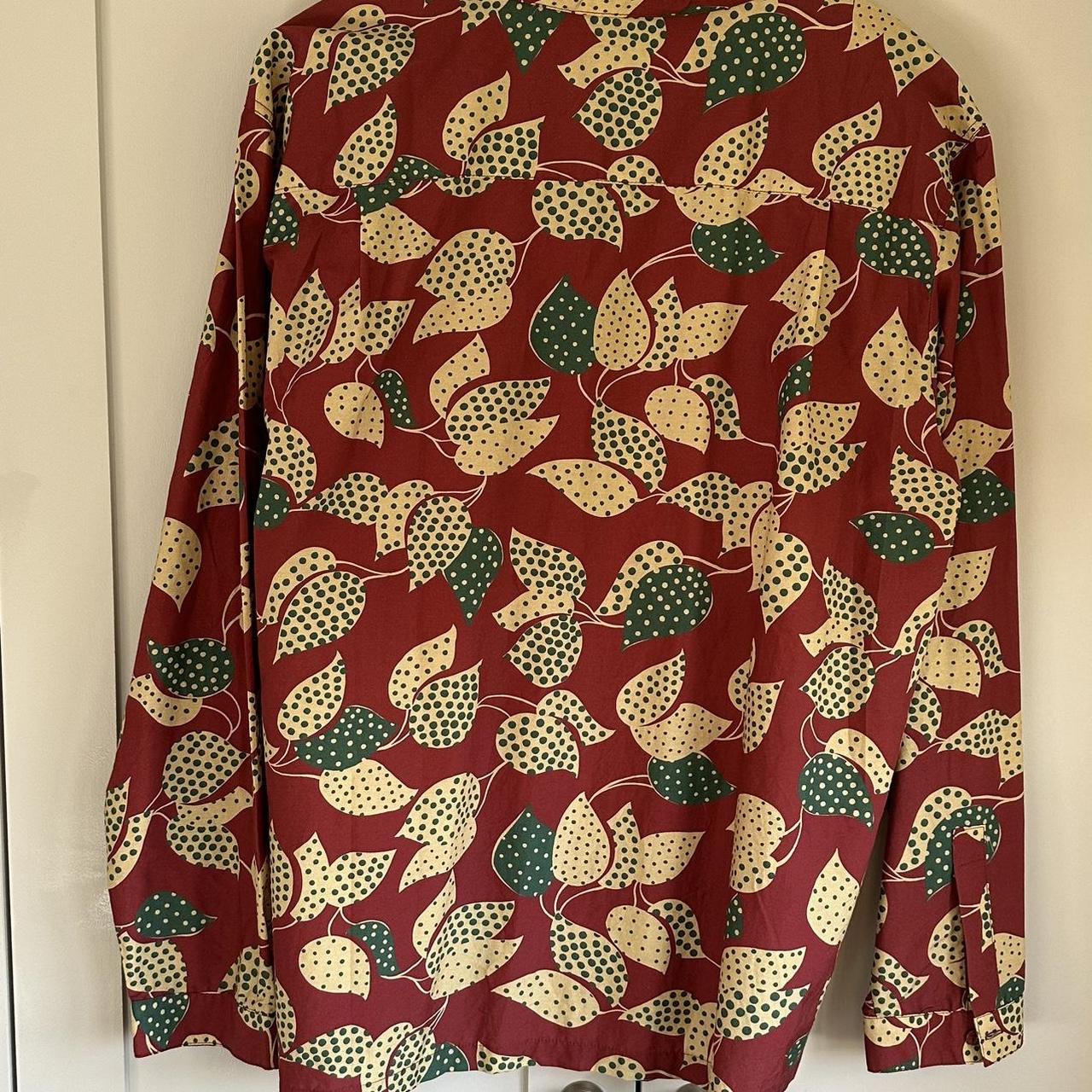 Burgundy and green YMC silk/cotton shirt with a boho... - Depop