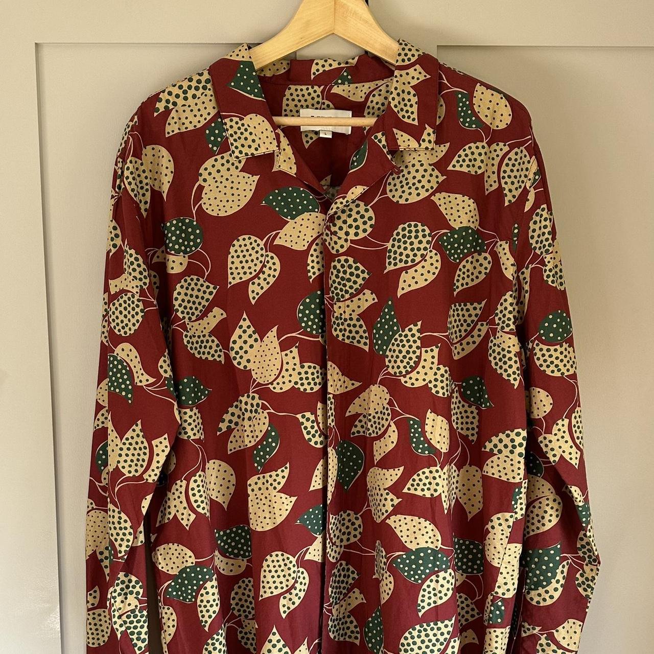 Burgundy and green YMC silk/cotton shirt with a boho... - Depop