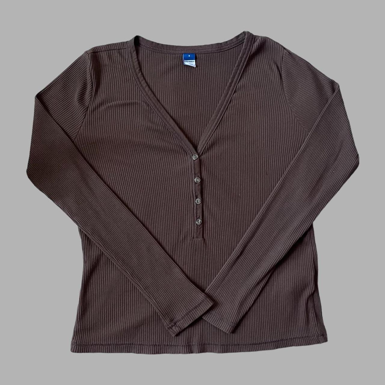 ribbed brown long sleeve button up top from old... - Depop