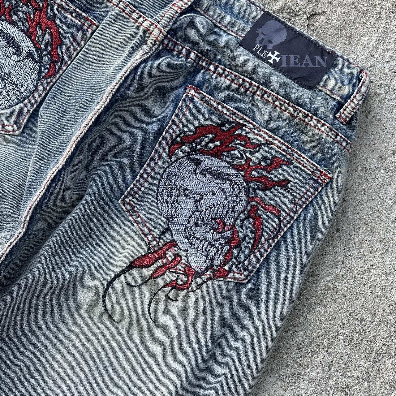y2k Affliction Style Skull Embroidered Baggy Wide... | Depop