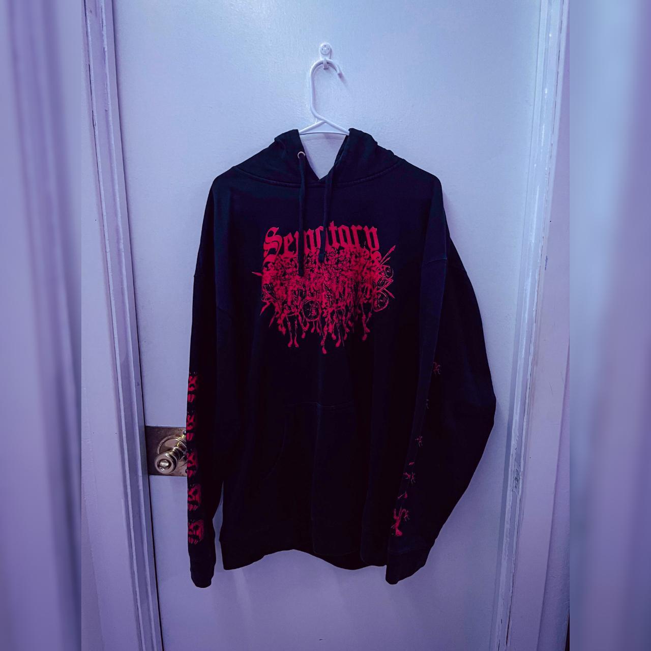 sematary haunted mound red skellingtons hoodie size... - Depop