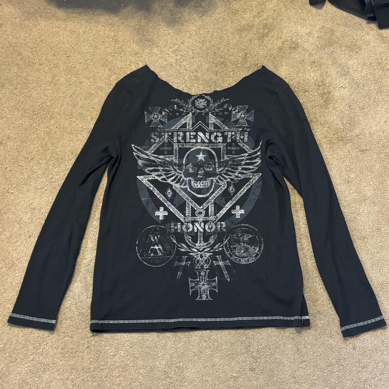 Y2K cyber grunge long sleeve shirt - black and grey... - Depop
