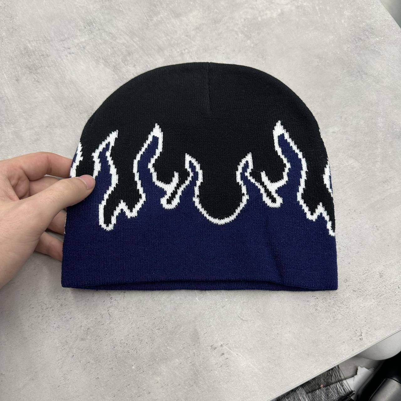 vintage style navy blue and black flame beanie hat... - Depop