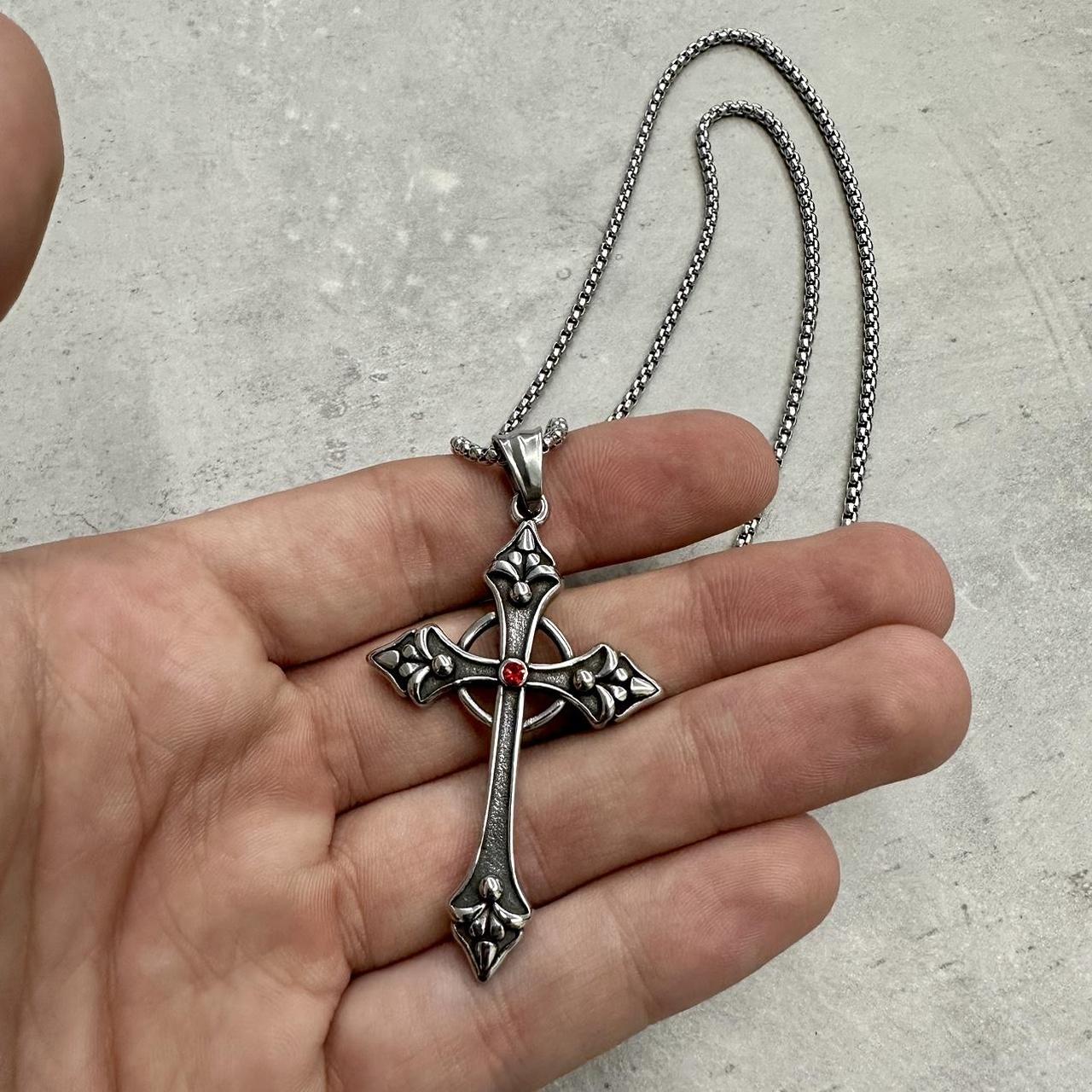 y2k silver gothic cross necklace chain in stainless... - Depop