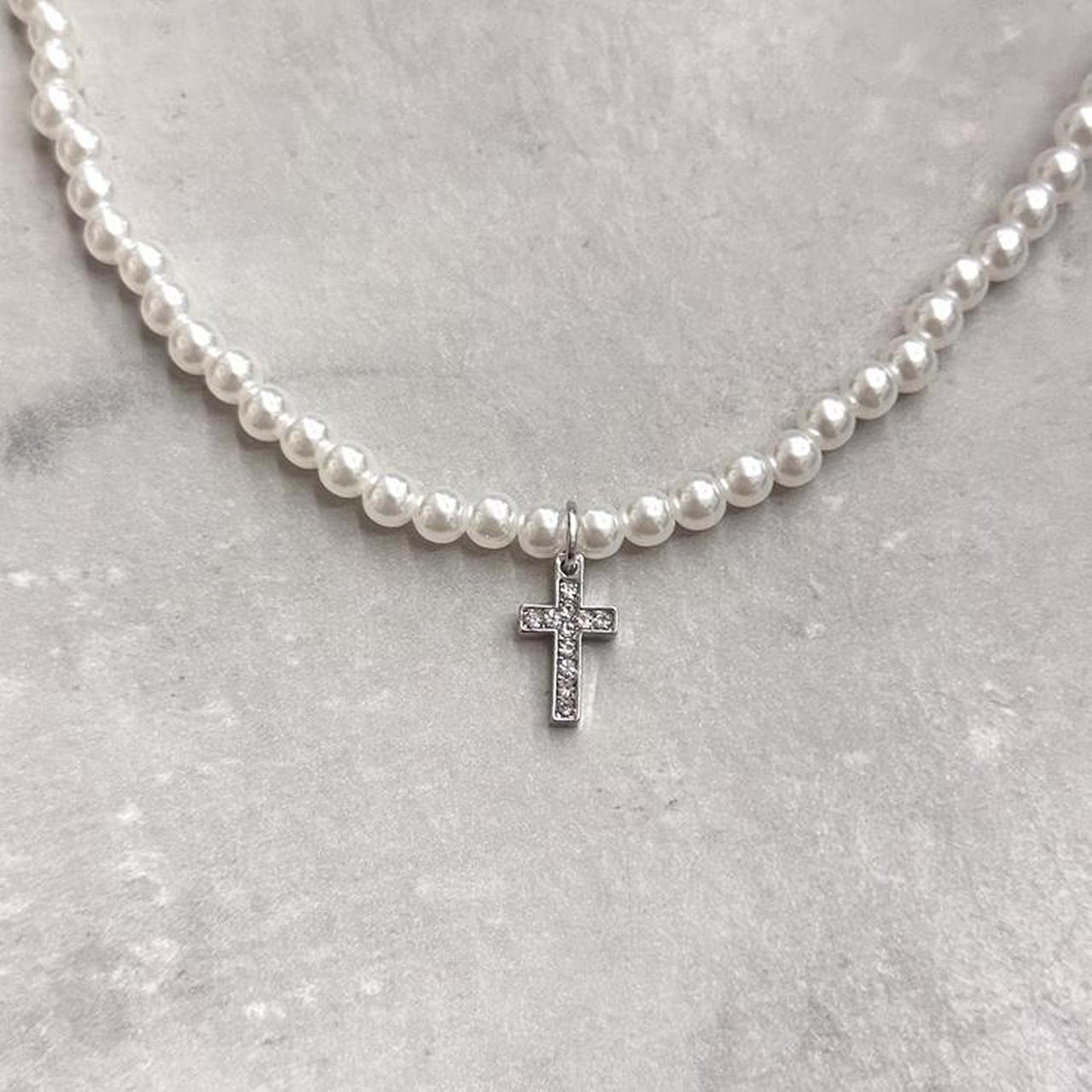 y2k pearl and diamond cross necklace chain 2000s... | Depop