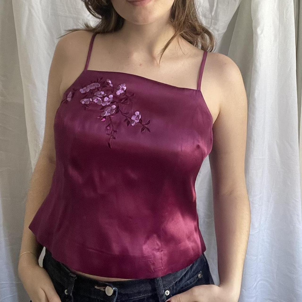 90s purple silk top with flower embroidery. Has... - Depop