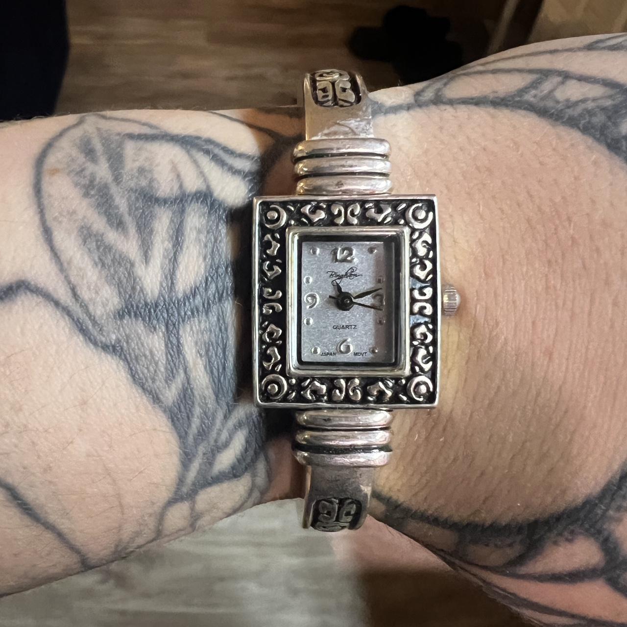 Vintage silver watch with square face and intricate... - Depop