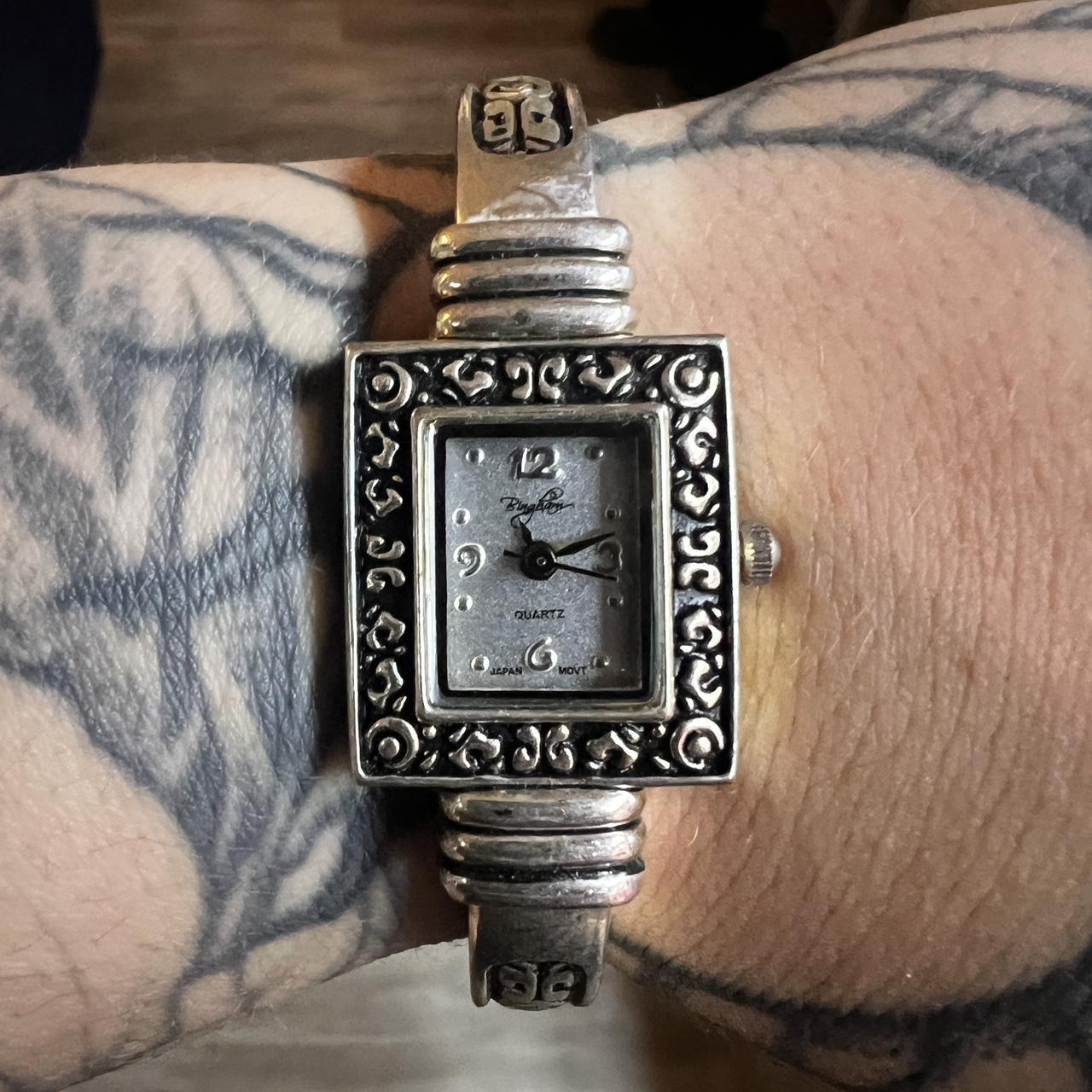 Vintage silver watch with square face and intricate... - Depop