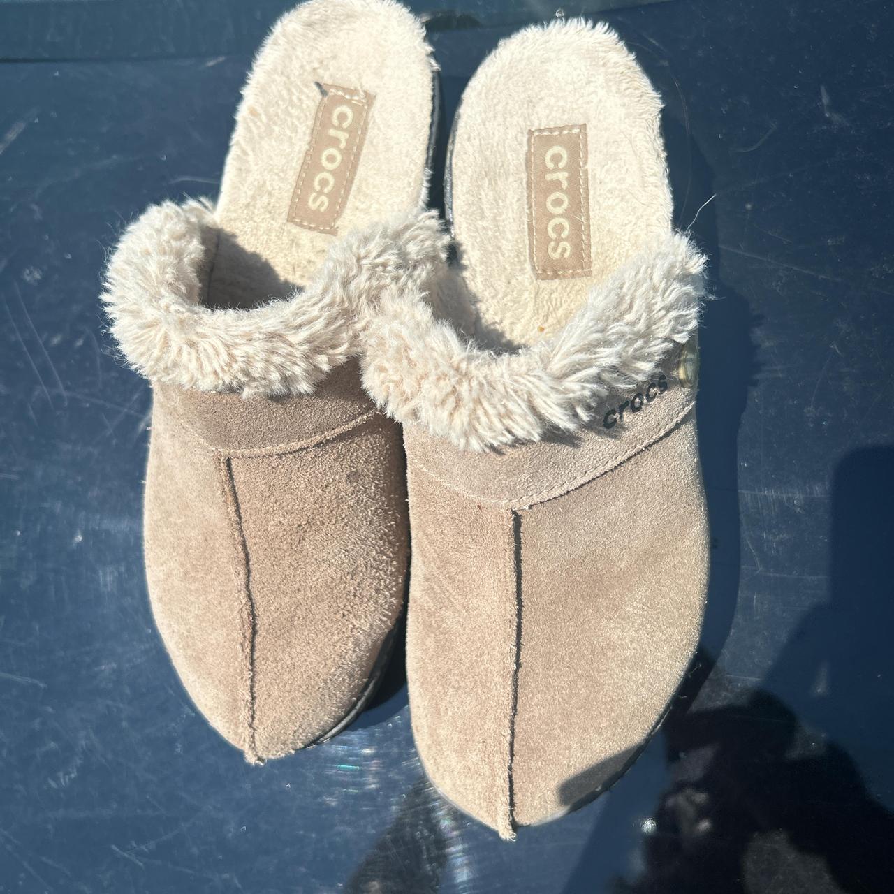 Crocs faux fur clogs in sandy grey. Few minor flaws,... | Depop