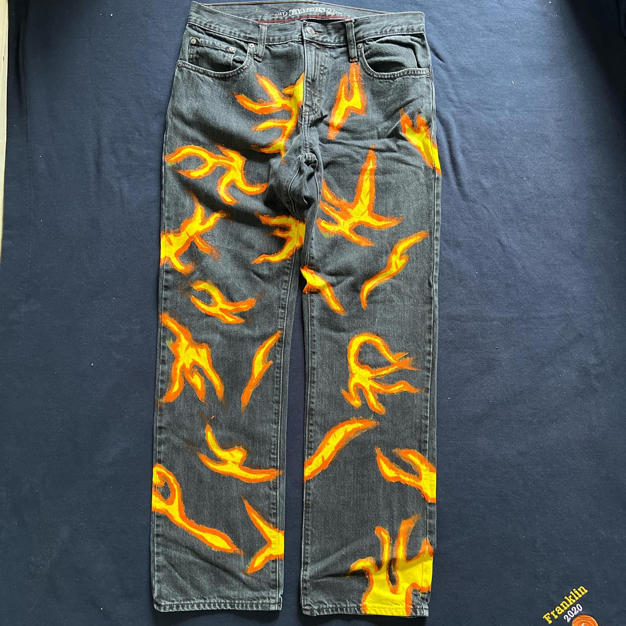 HAND PAINTED Fire flame jeans - super baggy, baggy... - Depop