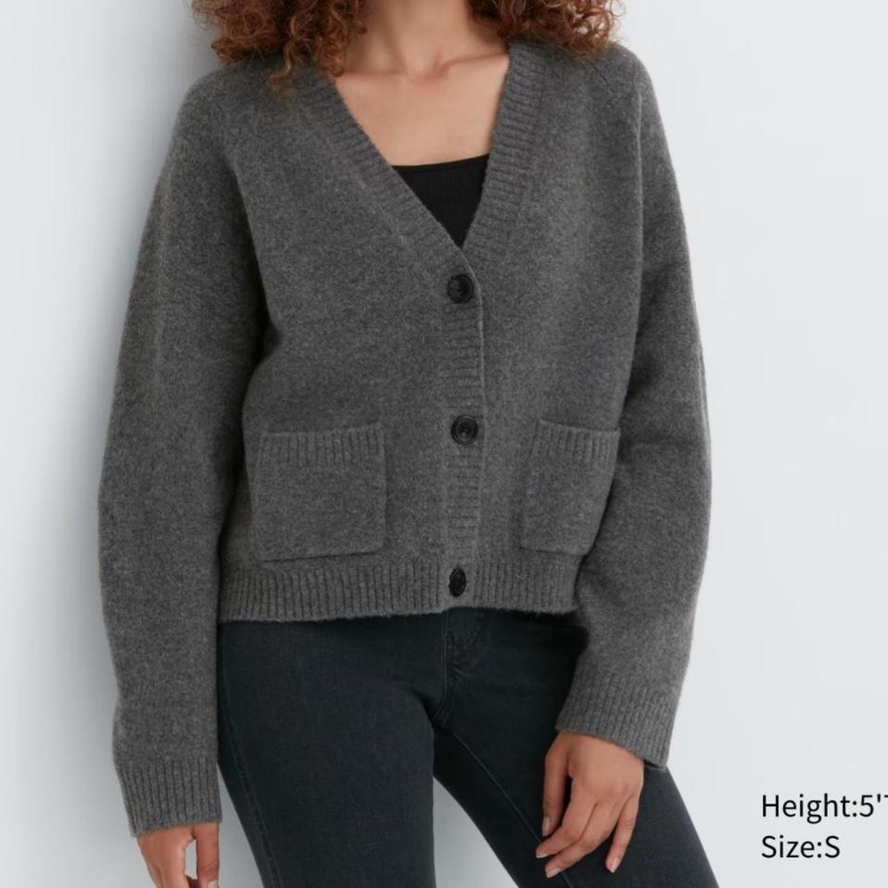 Uniqlo Souffle Yarn Short Cardigan in dark grey Size... - Depop