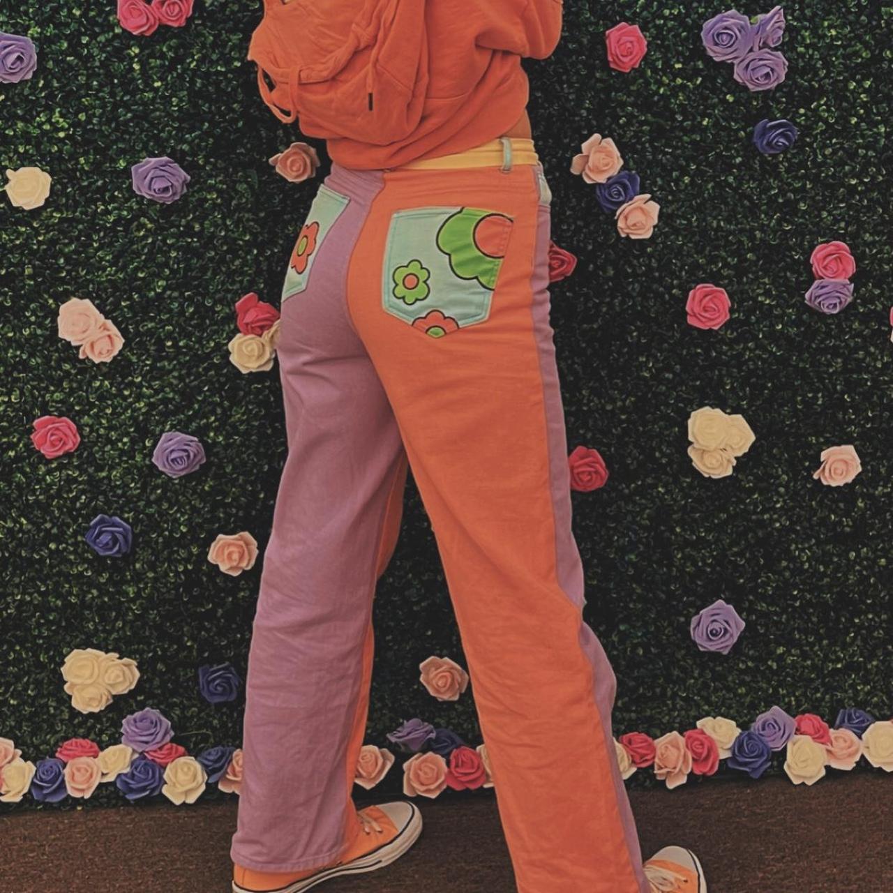 Color Block Pink & Purple Pants with Flowers on back - Depop