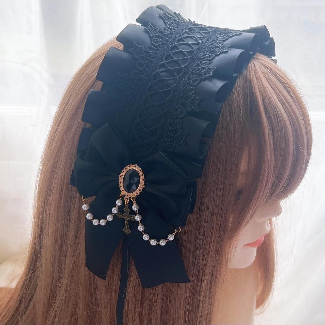 ruffly satin all black gothic lolita headband Made... - Depop