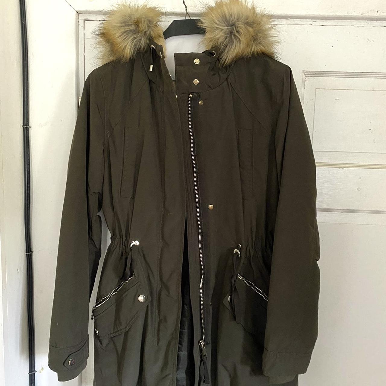 long army green winter coat with removable fur hood... - Depop