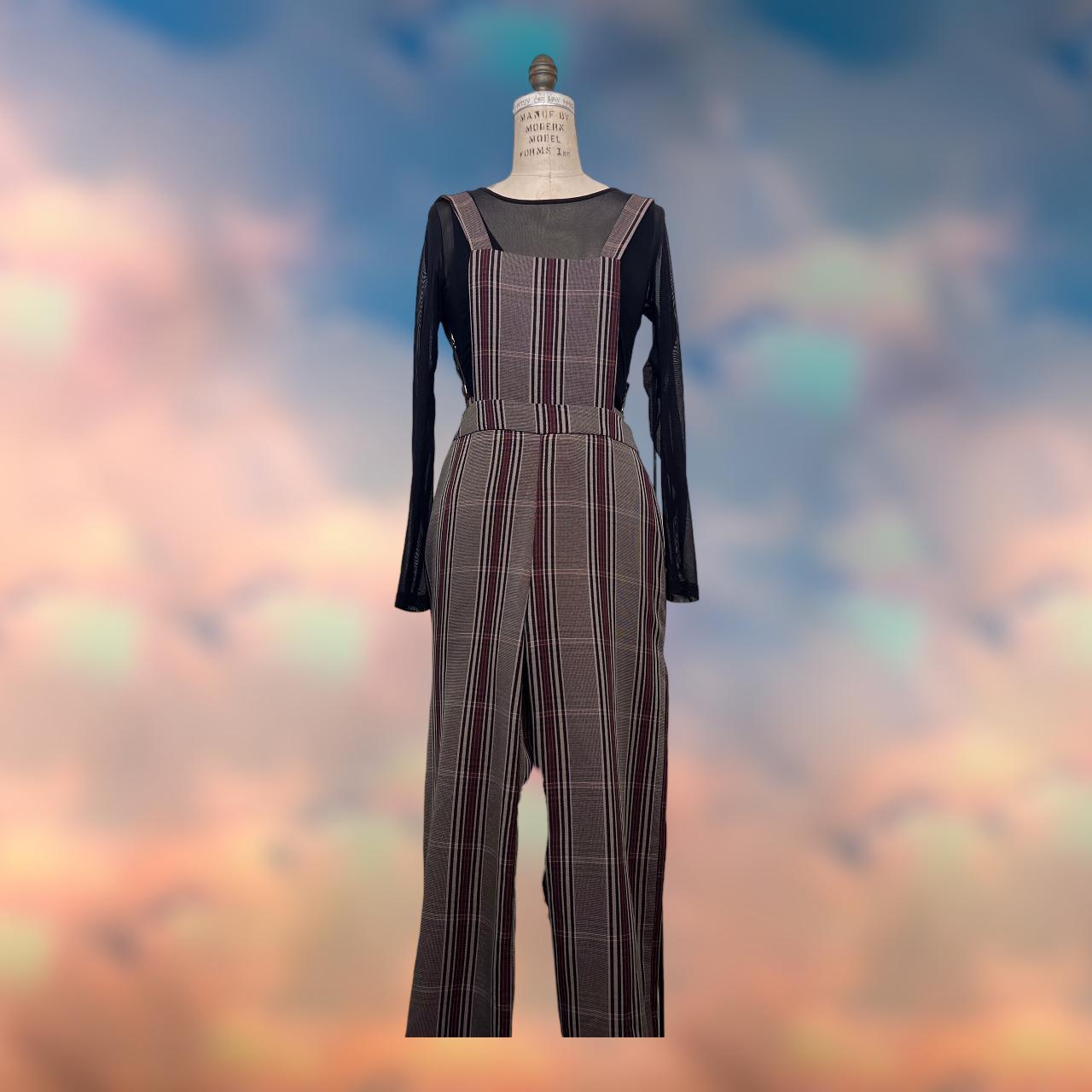 Maroon Plaid Wide-Leg Overalls with Adjustable... - Depop