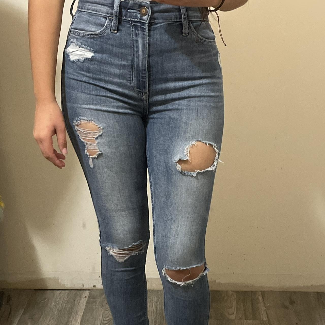 Hollister ripped High-waisted, skinny blue denim... | Depop