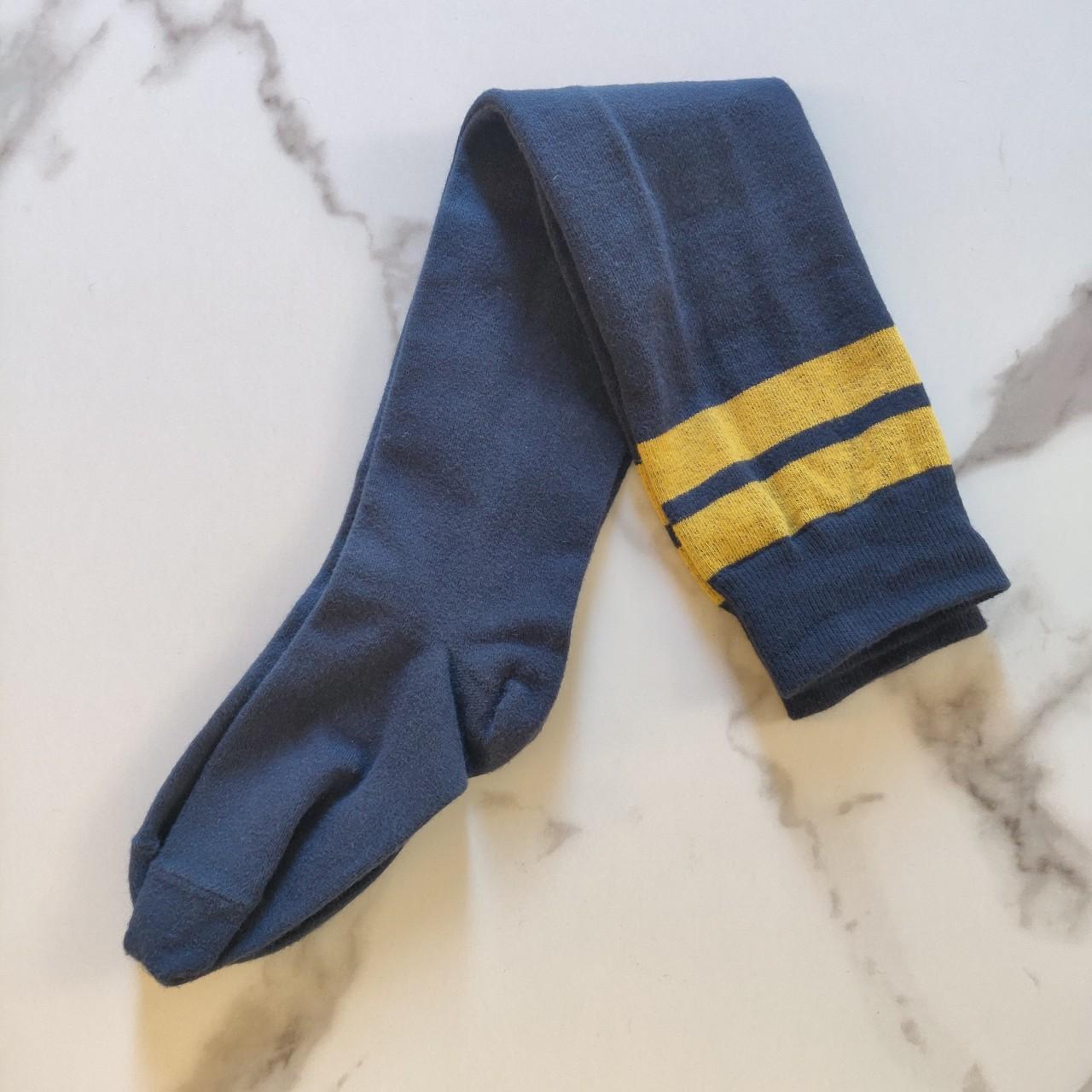 Navy Blue and Yellow Striped Thigh Highs Brand; No... - Depop