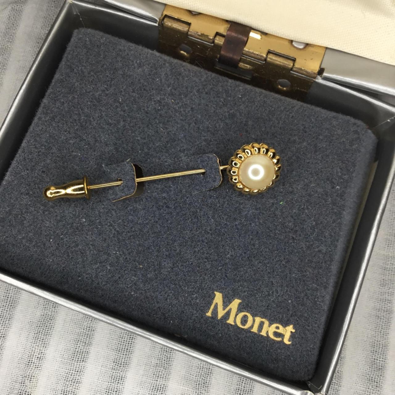 French Vintage Monet Stick Pin with Faux Pearl... - Depop