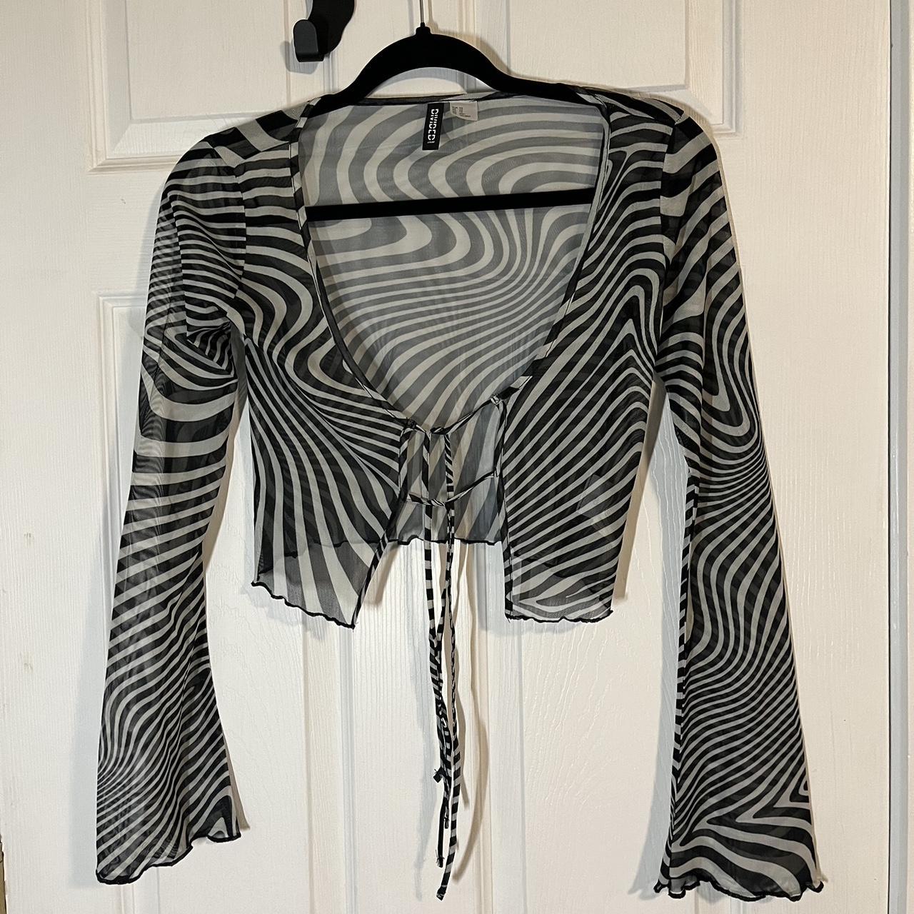 black and white zebra mesh cropped long sleeve,... - Depop