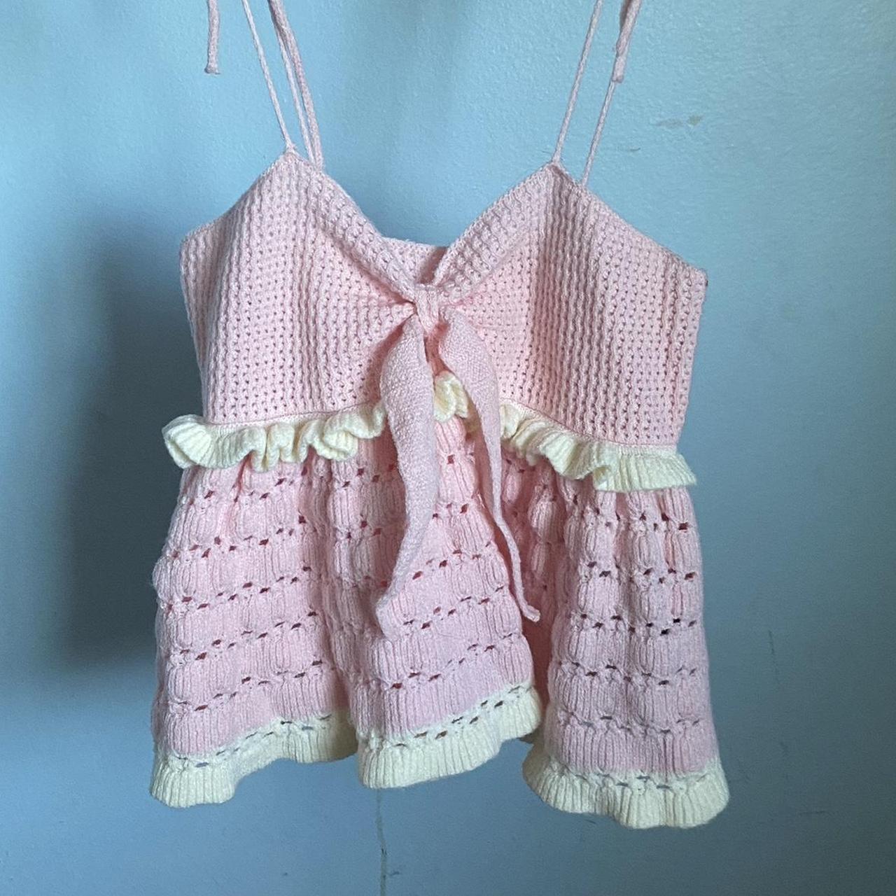 Pink crochet style ruffle top. Made with think pink... - Depop