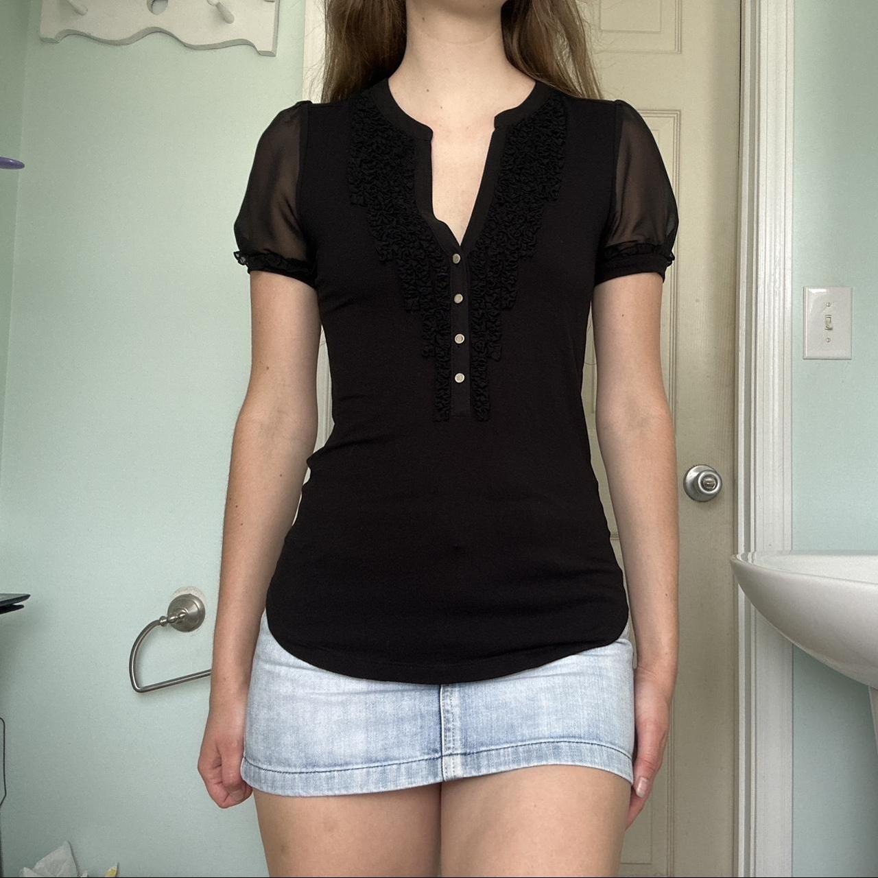 Black Dark Preppy Blouse with Mesh Puff Sleeves... - Depop