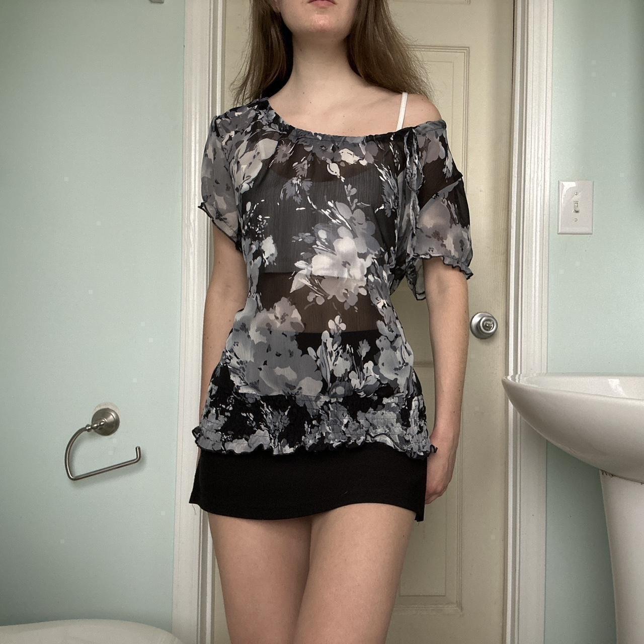 Dainty Sheer Dark Floral Blouse with Puff Sleeves... - Depop