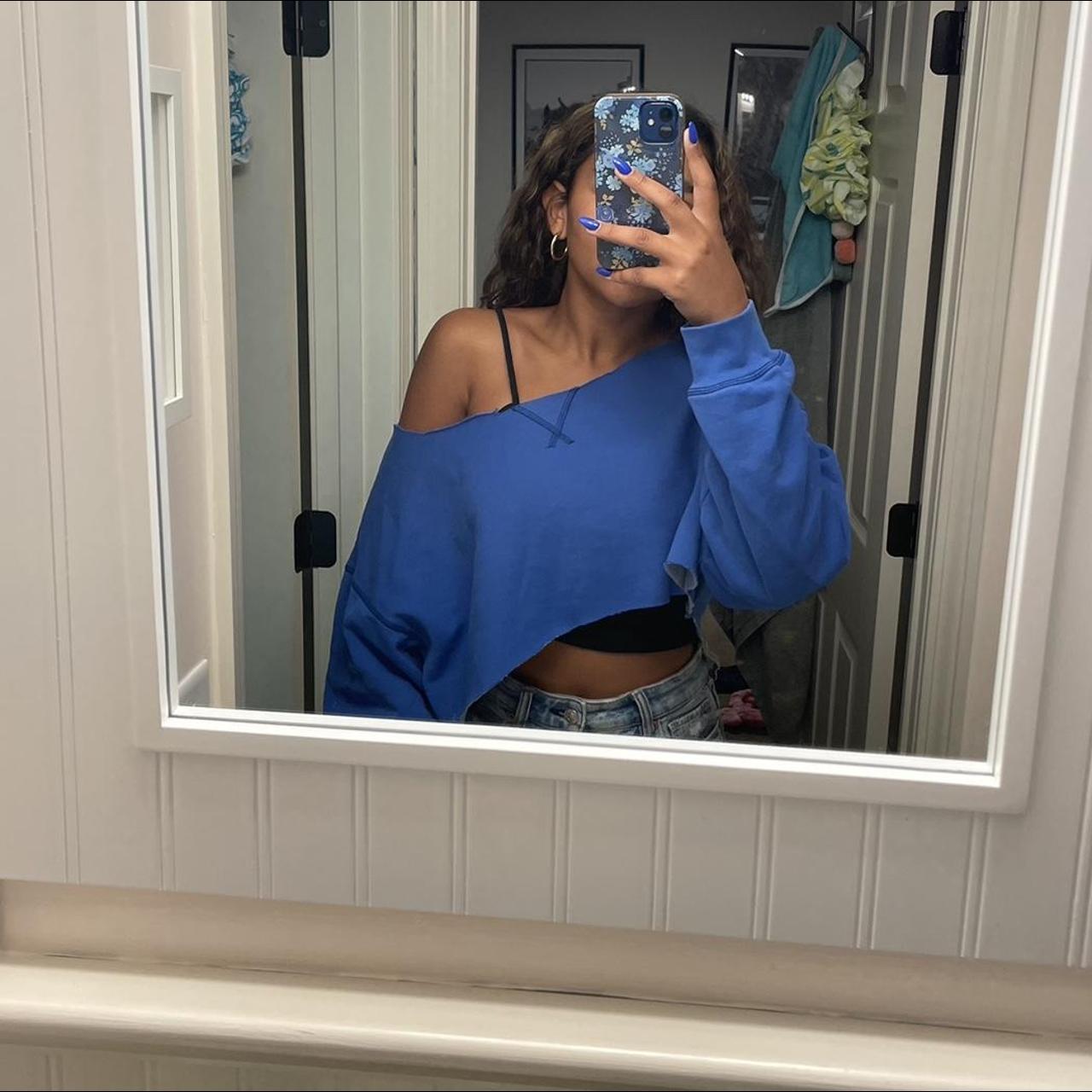blue american eagle cropped off the shoulder sweat... - Depop