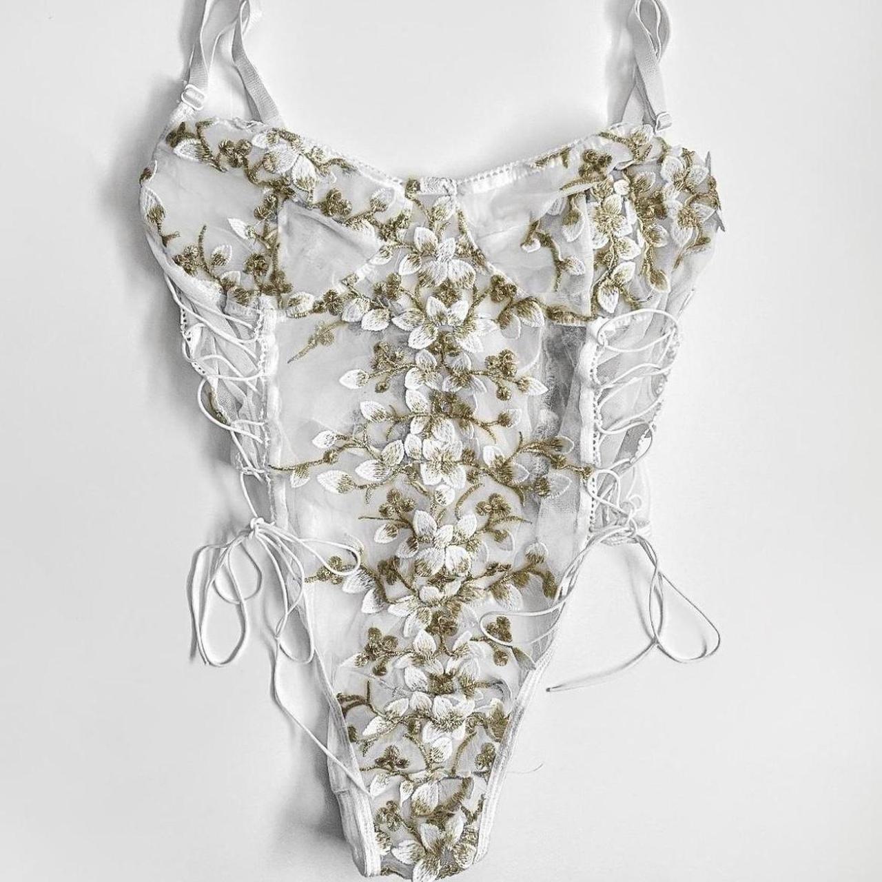 White and gold floral lingerie translucent bodysuit... - Depop