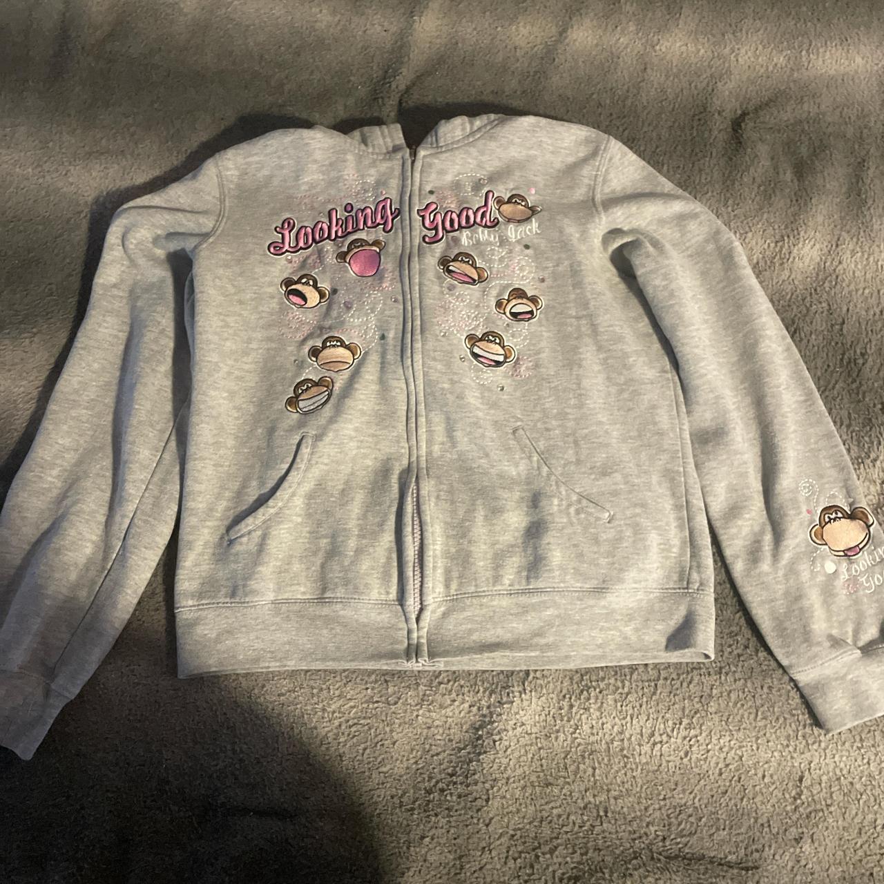 Kids Grey and pink monkey zip up hoodie Size x-large | Depop